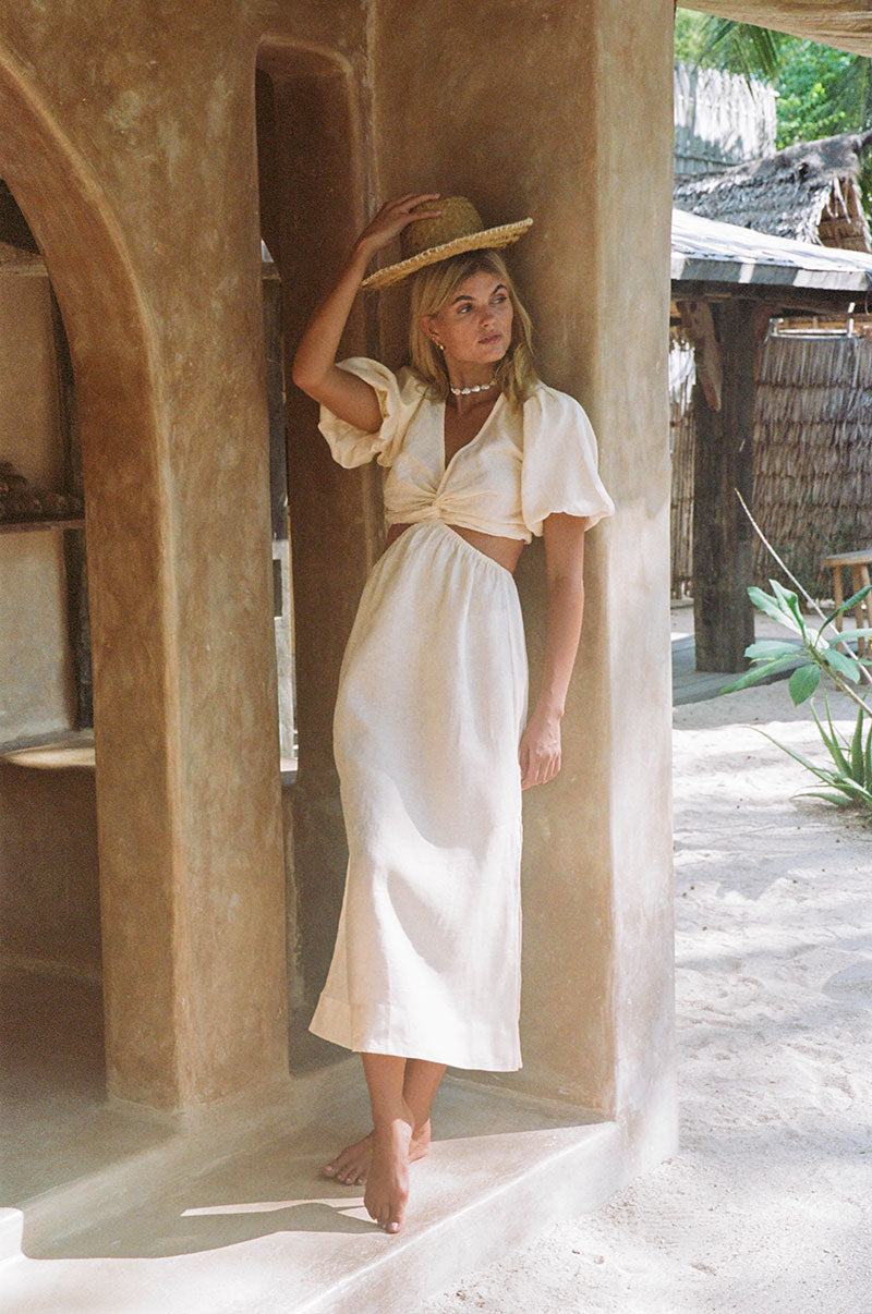 Linen Coconut Dress with Twisted Placket V-neck - ROVE